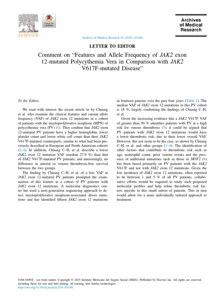 Comment On Features and Allele Frequency of JAK2 Exon 12 - 2025 - Archives of | PDF | Medical ...