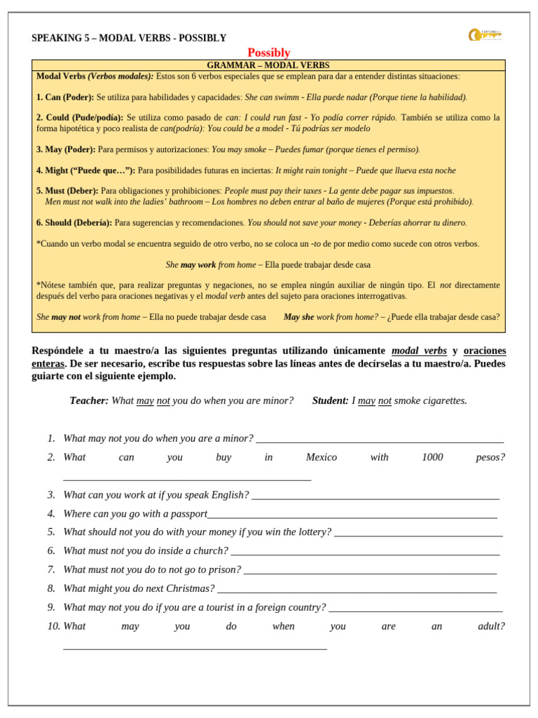Speaking 5 - Modal Verbs - Possibly | PDF | Gramática | Lingüística