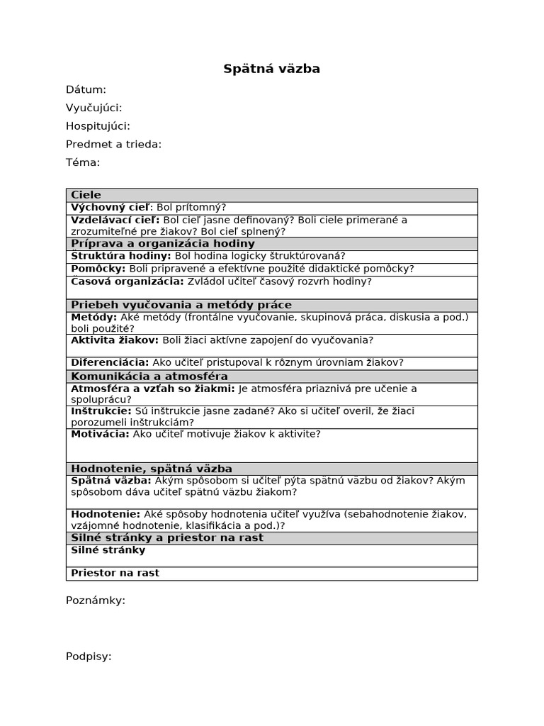 Hárok Spätnej Väzby | PDF