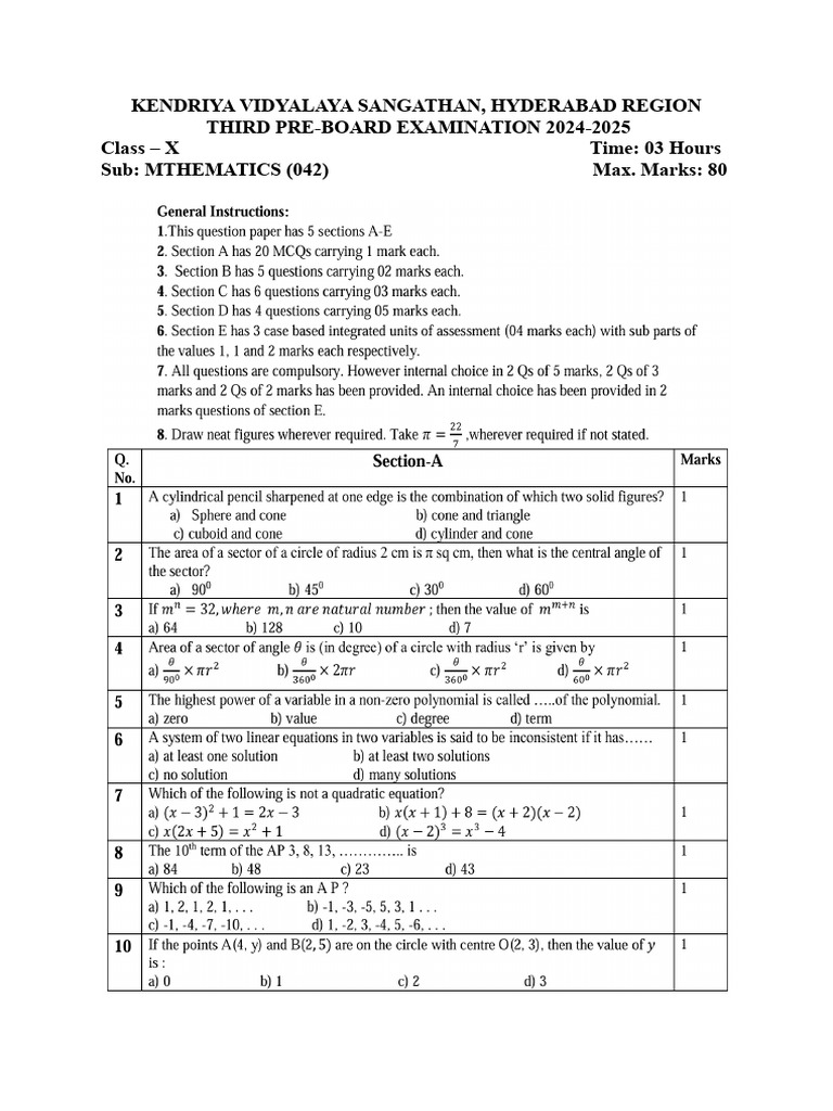 Class X Math Pre-Board Exam | PDF