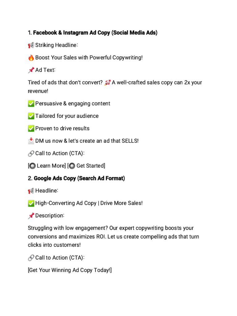 High-Converting Ad Copy Samples. Facebook, Instagram and Google Ads | PDF