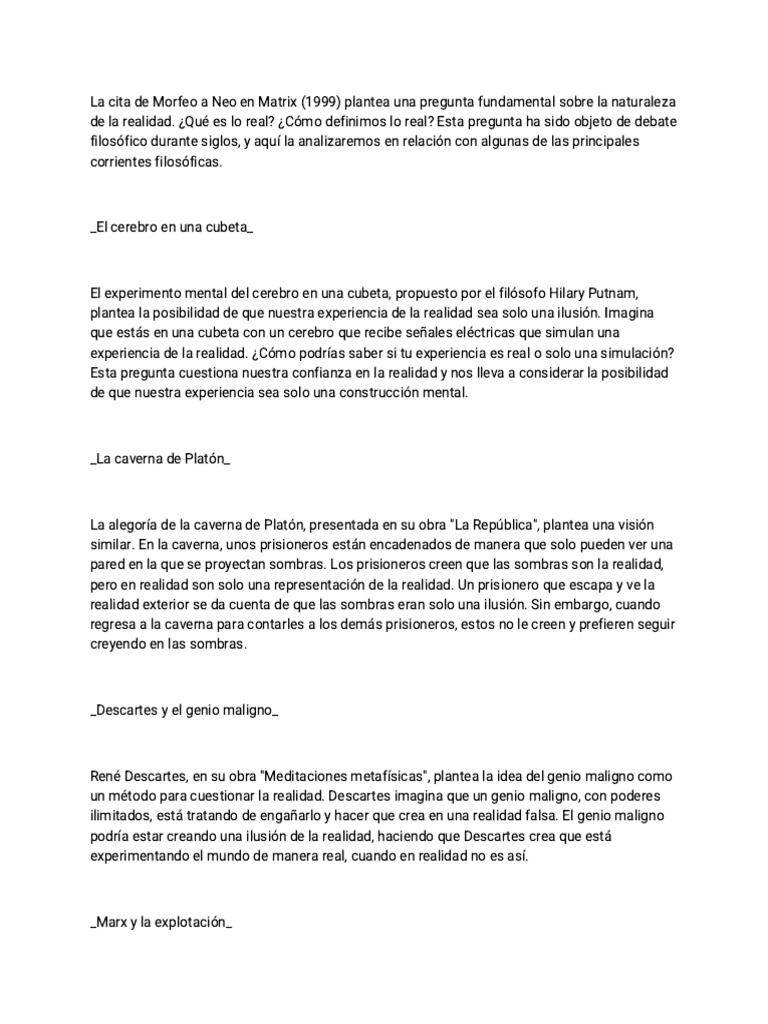 Realidad y Filosofía en Matrix | PDF | Realidad | René Descartes