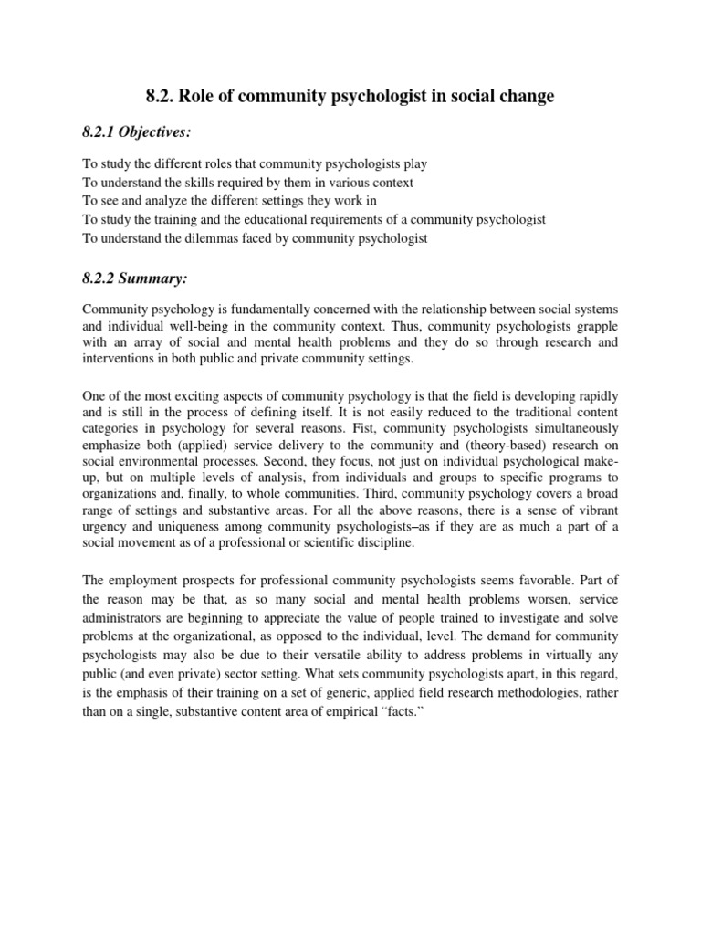 Community Psychologist's Role in Social Change | PDF | Psychology ...