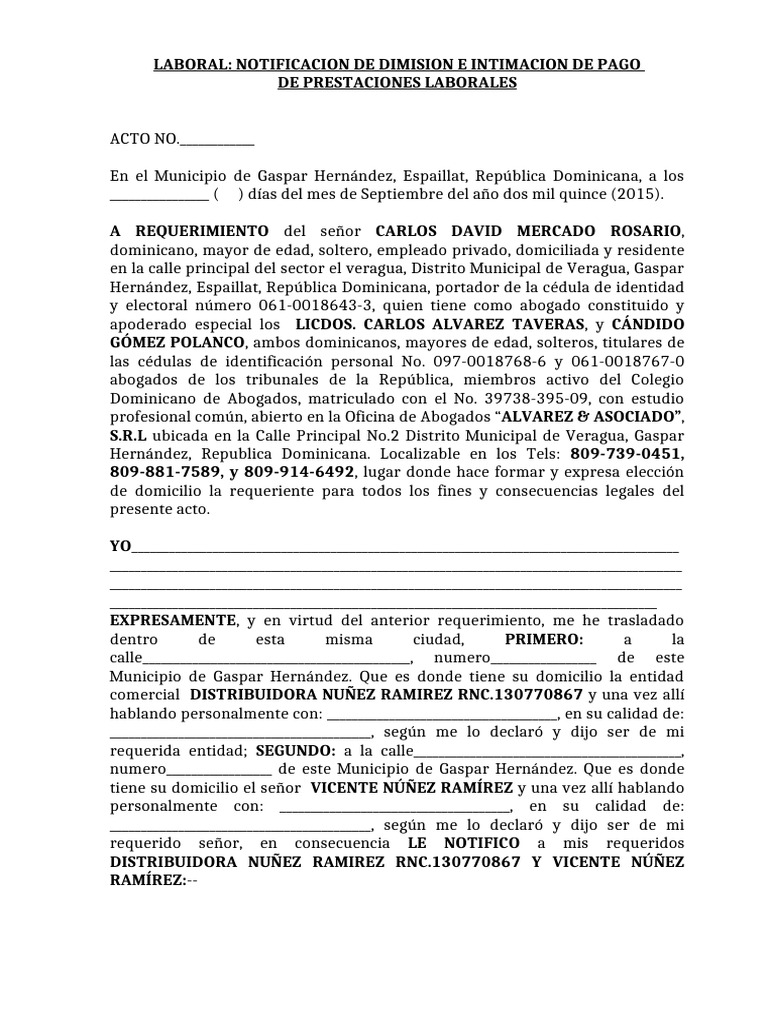 Notificación de Dimisión y Pago a Distribuidora Nuñez | PDF | República ...