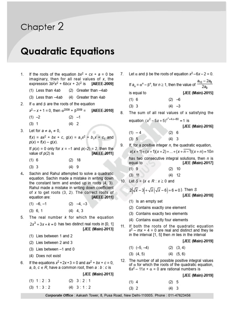 Quadratic Equations: AIEEE & JEE Problems | PDF | Quadratic Equation ...