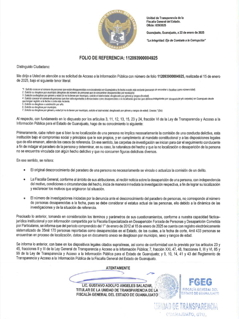 Personas Desaparecidas en GTO Al 15 01 2025 Según Oficio FGE 039 - 2025 - y - Anexo | PDF