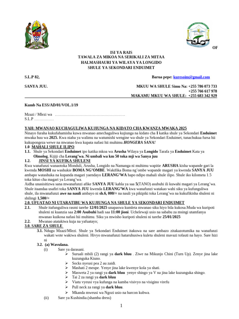 Joining Instructions Form One - 015936 | PDF