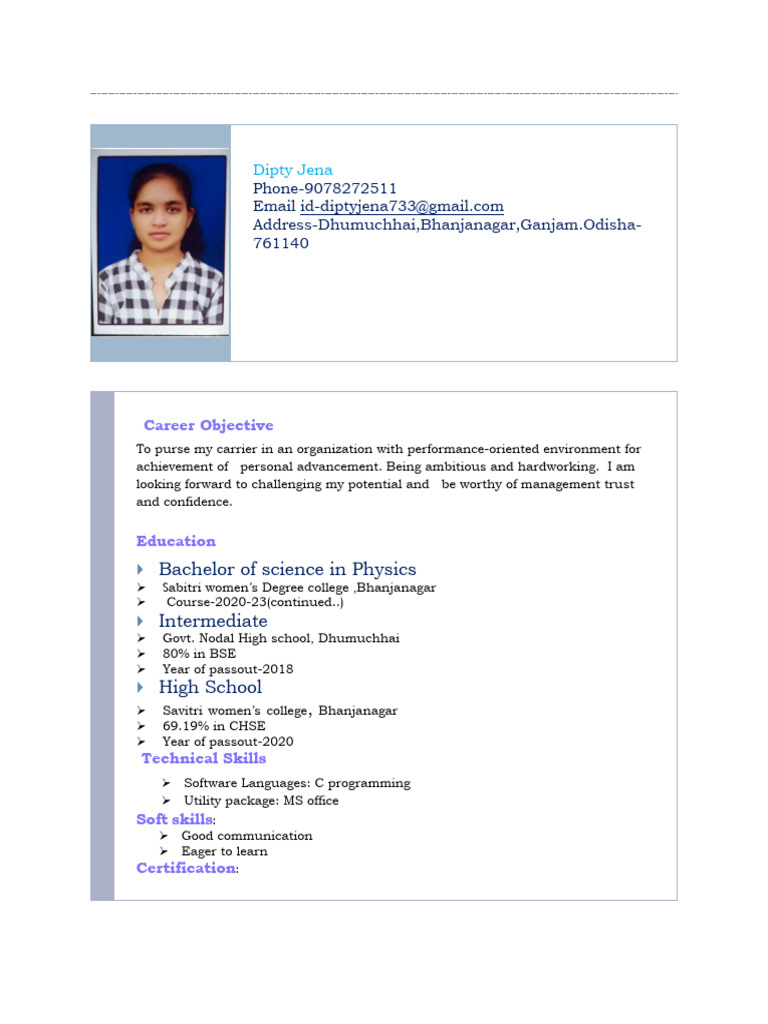 Resume of Dipty Jena - Physics Graduate | PDF