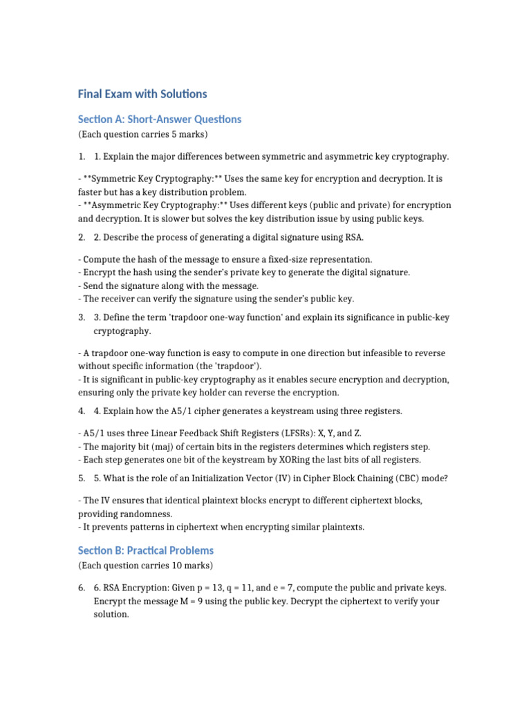 Cryptography Sample Final Exam With Solutions | PDF | Cryptography | Public Key Cryptography