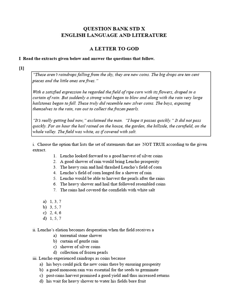Class 10 Question Bank: A Letter to God | PDF | Faith | Rain