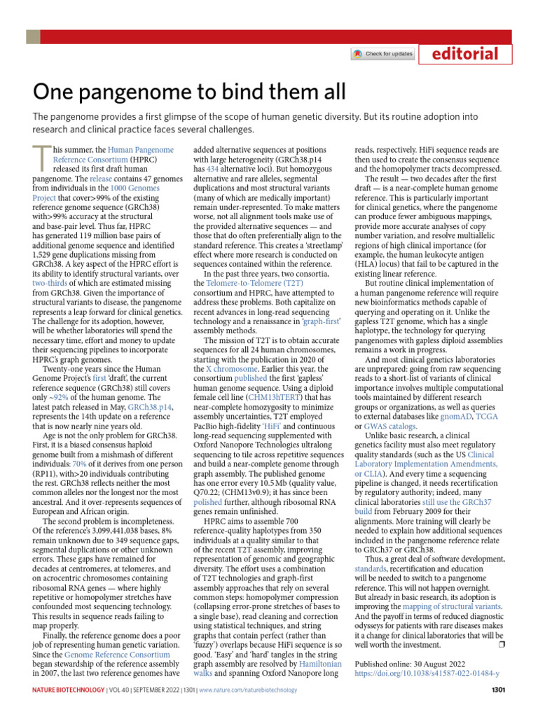 One Pangenome To Bind Them All - Nature Editorial 2022 | PDF | Human Leukocyte Antigen ...