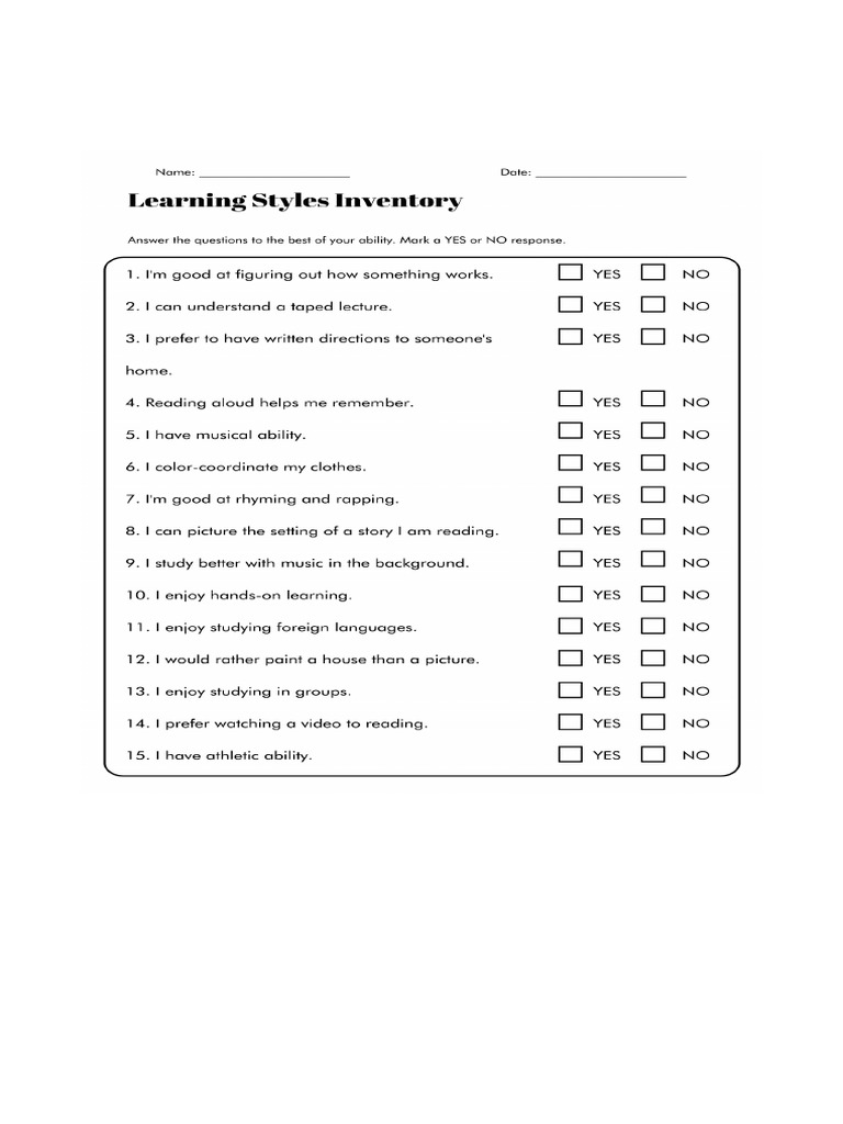 Printable Learning Styles Questionnaire 98506.Png | PDF