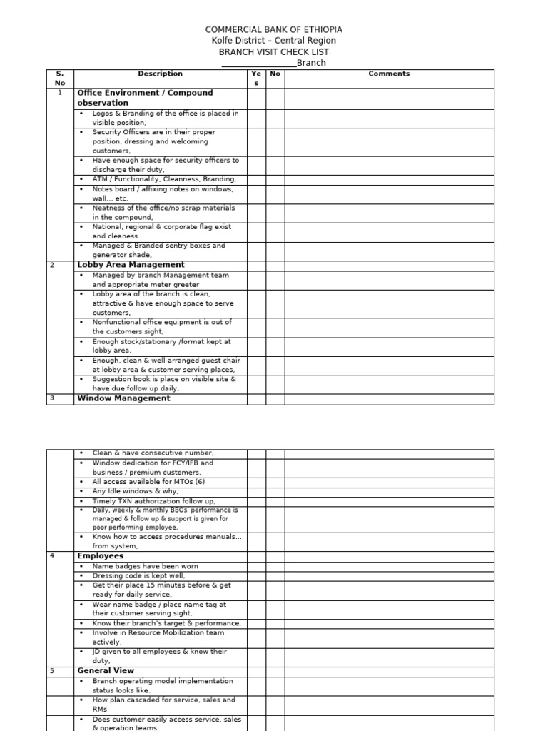 Branch Visit Checklist Overview | PDF | Business Economics | Business