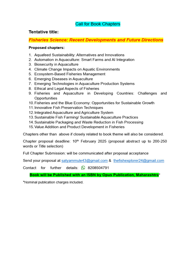 Call for Chapters: Smart Aquaculture 2025 | PDF