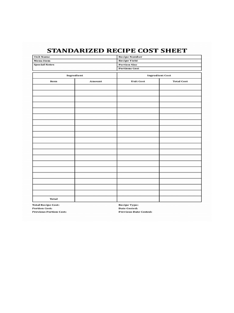 Recipe Costing Sheet Template 178658.Png | PDF