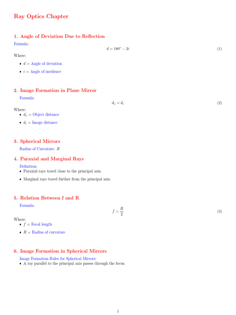 Ray Optics Formulas and Concepts | PDF | Refractive Index | Refraction