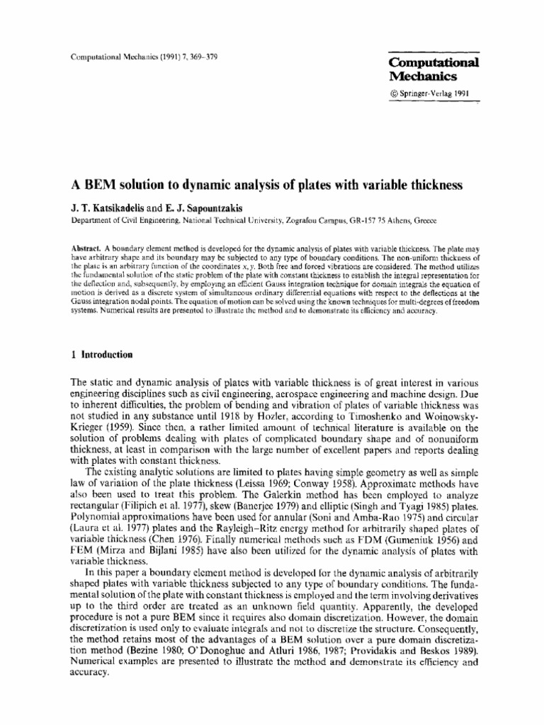 J T KATSIKADELIS-E J SAPOUNTZAKIS A BEM Solution To Dynamic Analysis of ...
