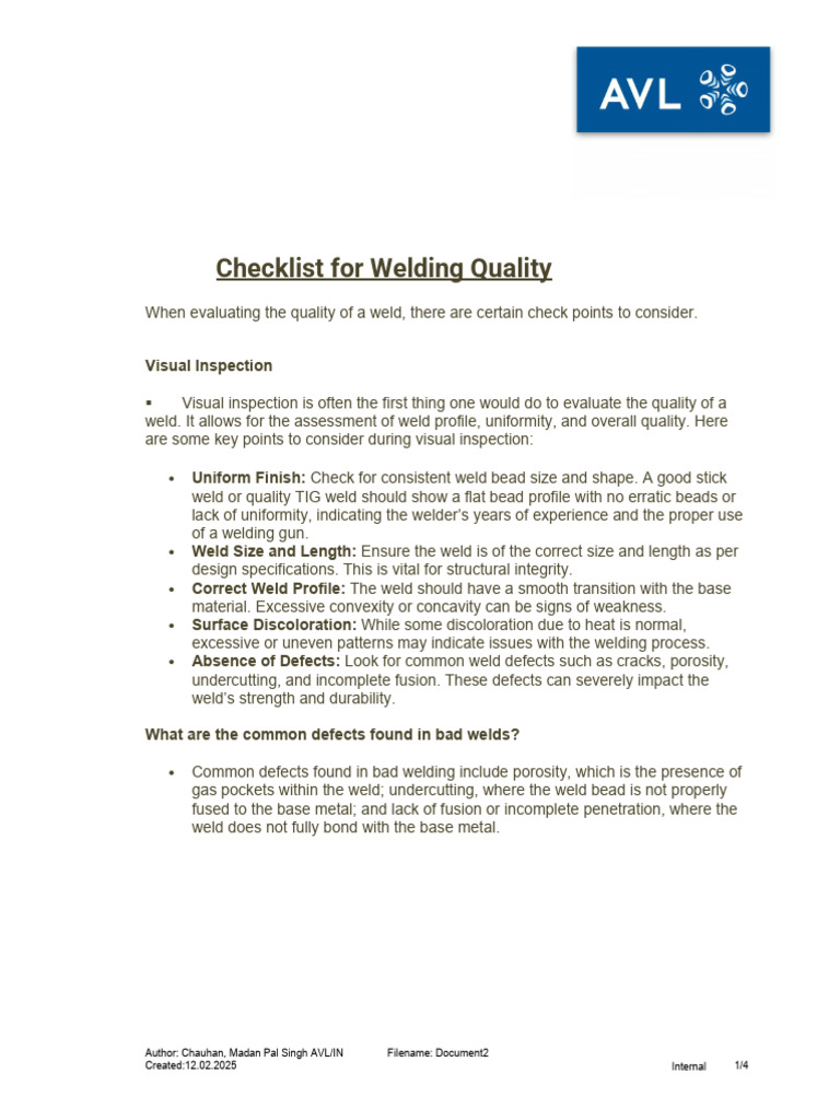 Welding Quality Inspection Checklist | PDF | Welding | Construction