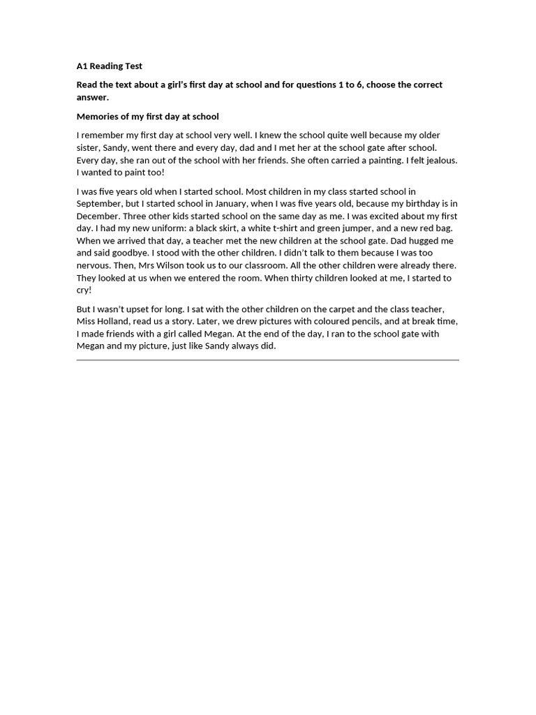 A1 Reading Test | PDF