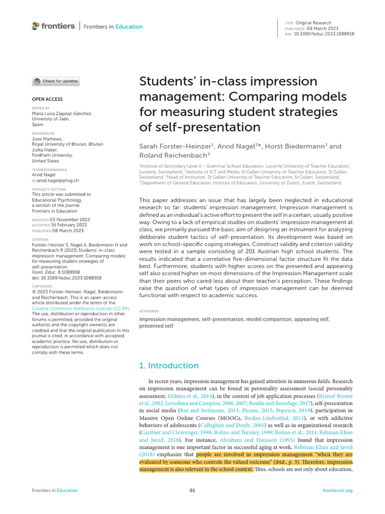Students In-Class Impression Management (Optional Text For Essay 1 ...