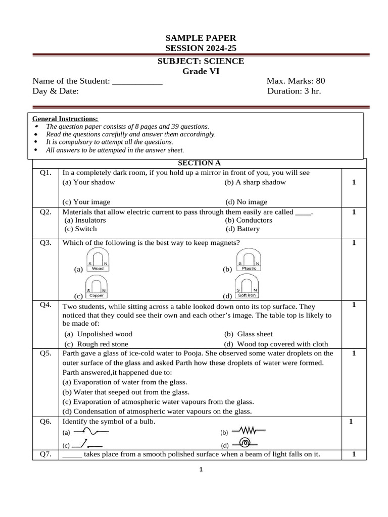 Grade 6 Sci Sample Paper For Final Term (24-25) | PDF | Water Vapor | Glasses