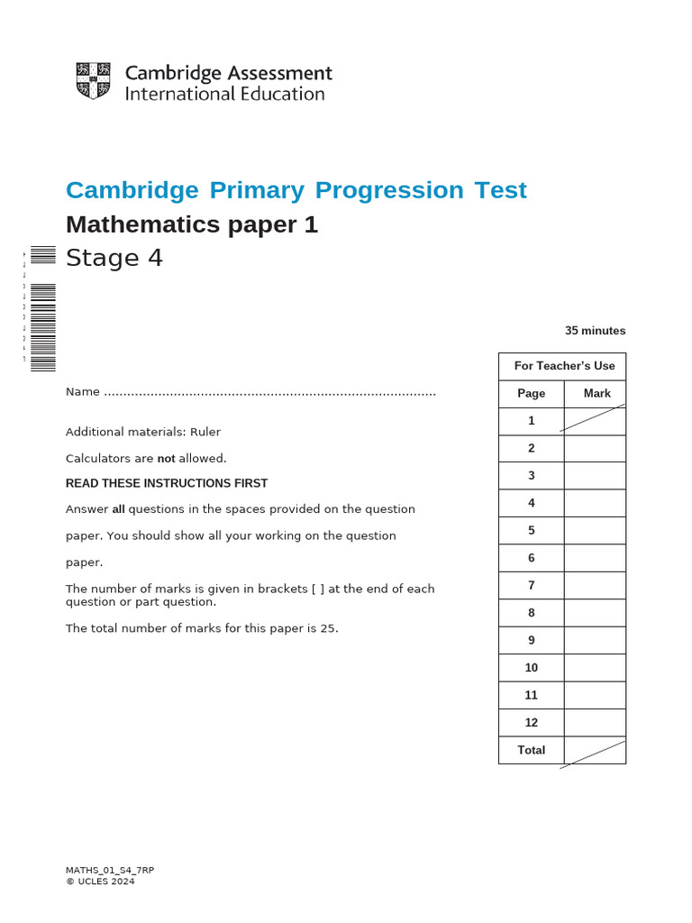 2018 Cambridge Primary Progression Test Maths Stage 4 QP Paper 1 ...