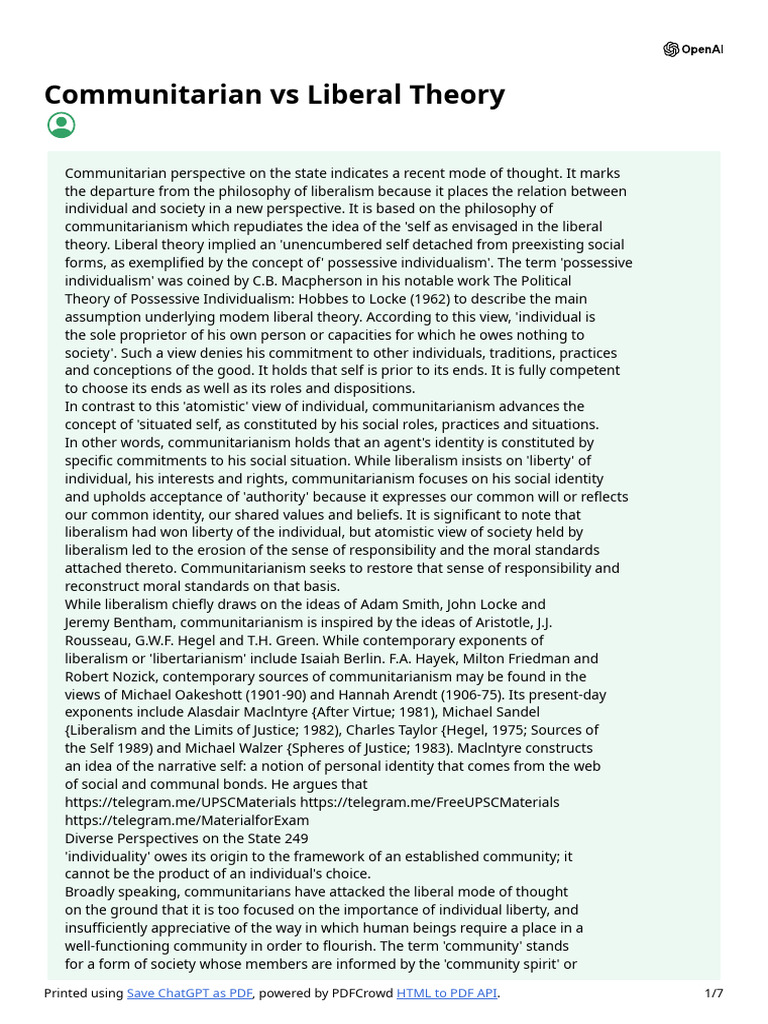 Communitarian Vs Liberal Theory | PDF | Liberalism | Justice