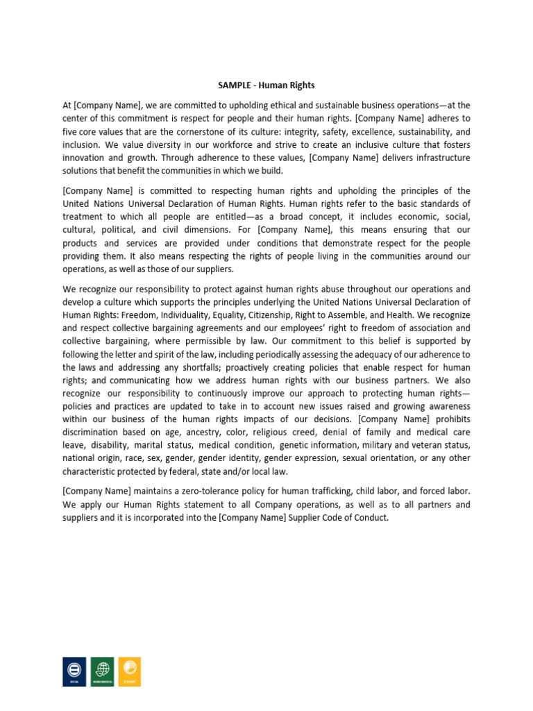 SAMPLE - Human Rights Statement - EN | PDF | Human Rights | Rights