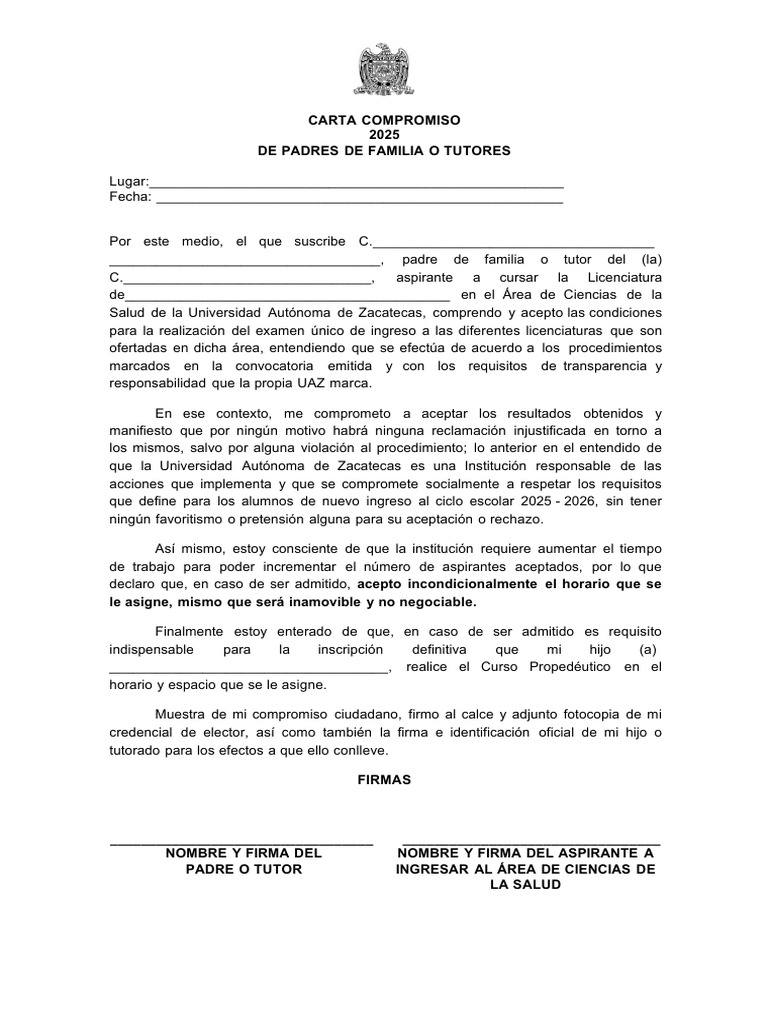 Carta Compromiso UAZ 2025 | PDF