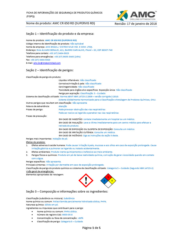 FISPQ - AMC CR 650 RD Supervis RD | PDF | Química | Desperdício