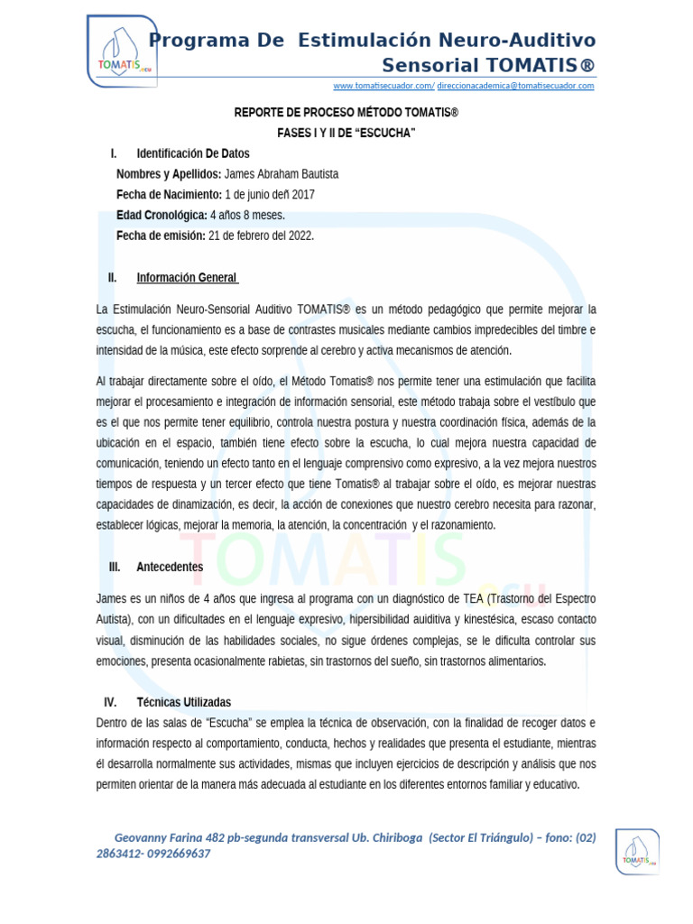 Reporte de Proceso Método Tomatis | PDF | Autismo | Atención