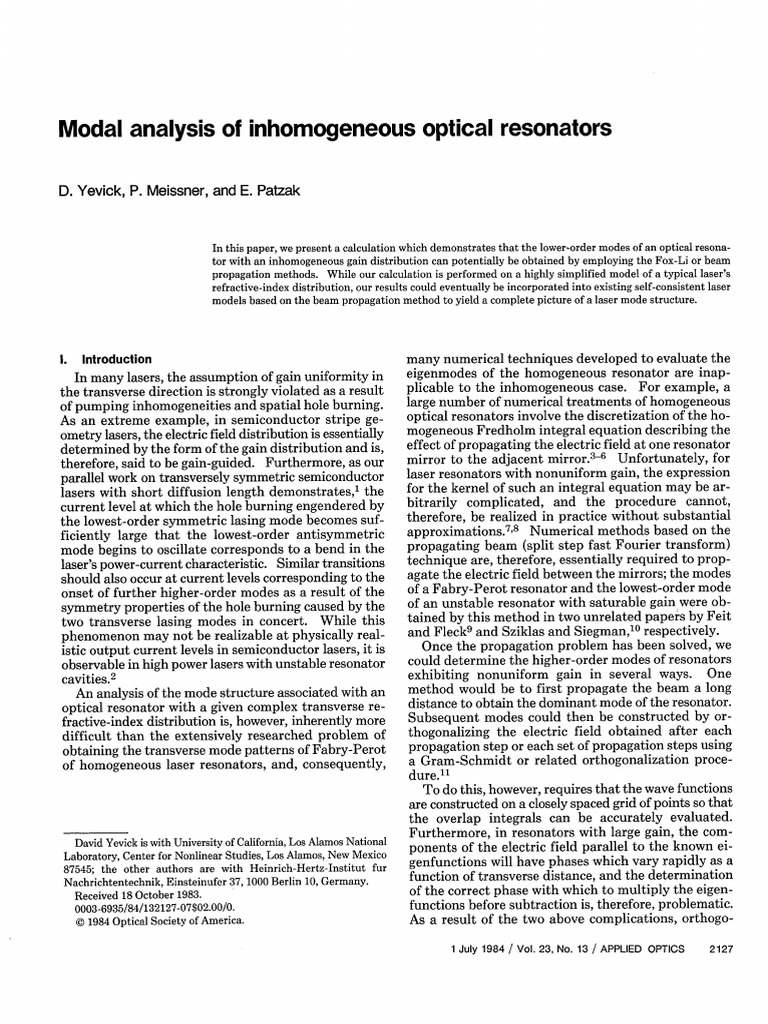 Inhomogeneous Optical Resonator Modes | PDF | Laser | Refractive Index