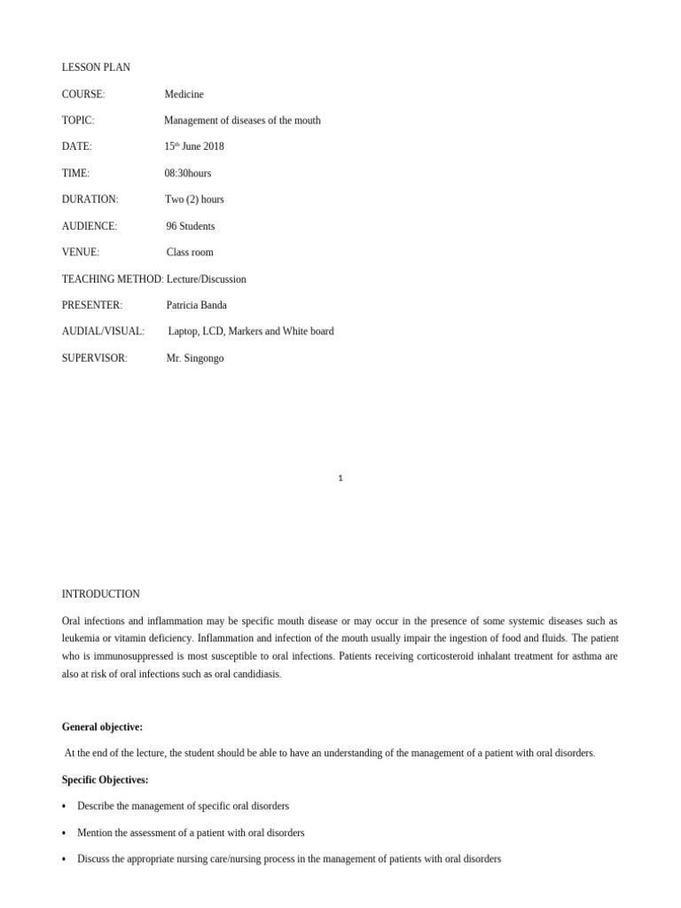 Lesson Plan-Oral Disorders | PDF | Periodontology | Oral Hygiene