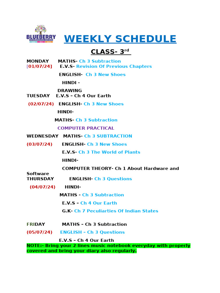 Class 3 Weekly Schedule: Ch 3 Focus | PDF