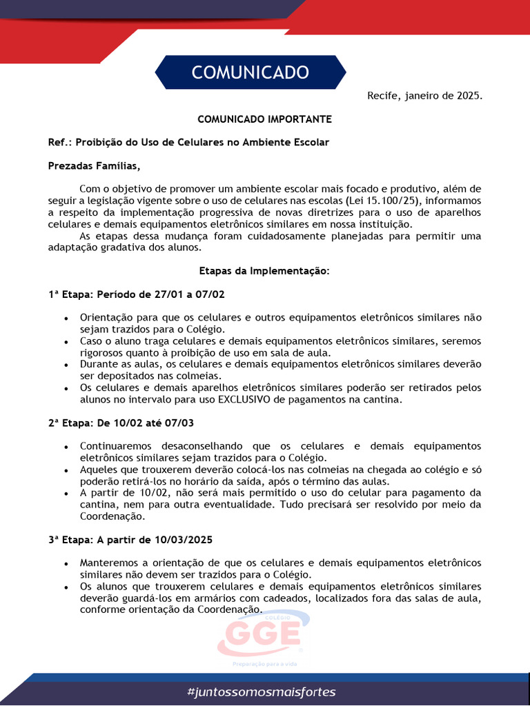 Comunicado Aos Pais - Celulares Pe | PDF | Celulares