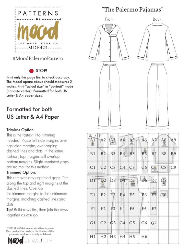 MDF424 Palermo Pajamas Free Sewing Pattern Sizes XXS 4XL A4 Letter ...