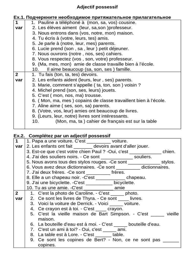 Les Adjectifs Possessifs Les Adjectifs Possessifs Les