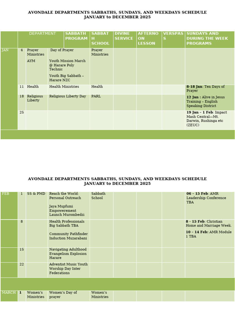 Avondale Church Departments and Programs Schedule 2025 | PDF | Seventh ...