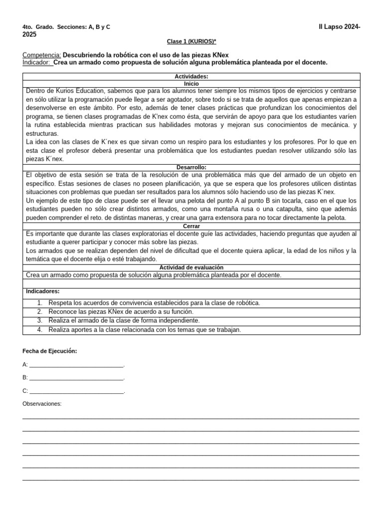 Estructura de las Clases Robótica 4to. Grado II Lapso 2024-2025 | PDF | Scratch (lenguaje de ...