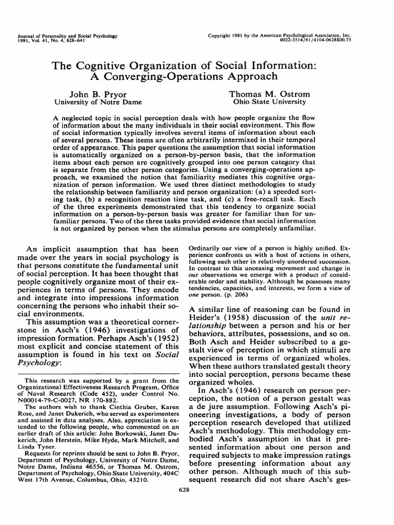 Cognitive Organization of Social Information (Pryor) | PDF | Cognition ...