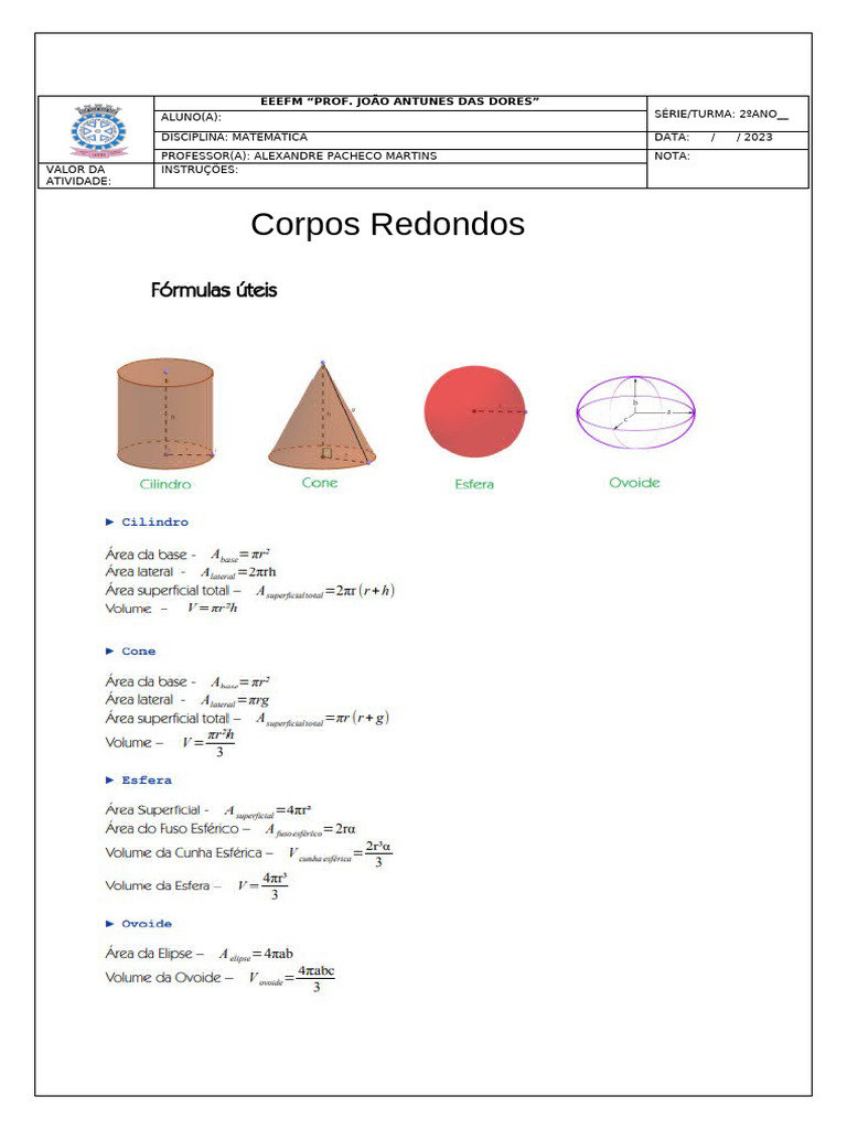 Atividades Corpos Redondos | PDF