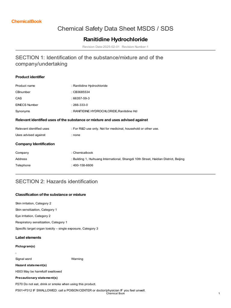 Ranitidine Hydrochloride Safety Data Sheet | PDF | Dangerous Goods ...