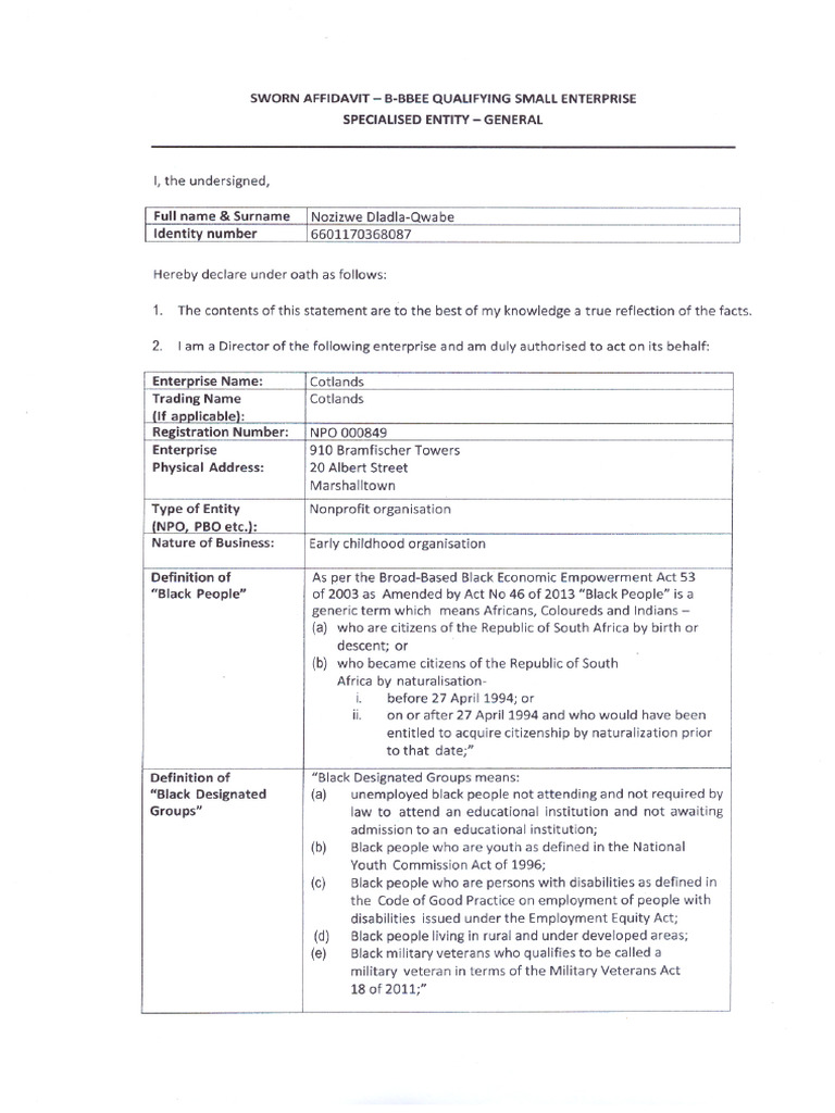 Cotlands-BBBEE-affidavit-2024-2025 NPO | PDF
