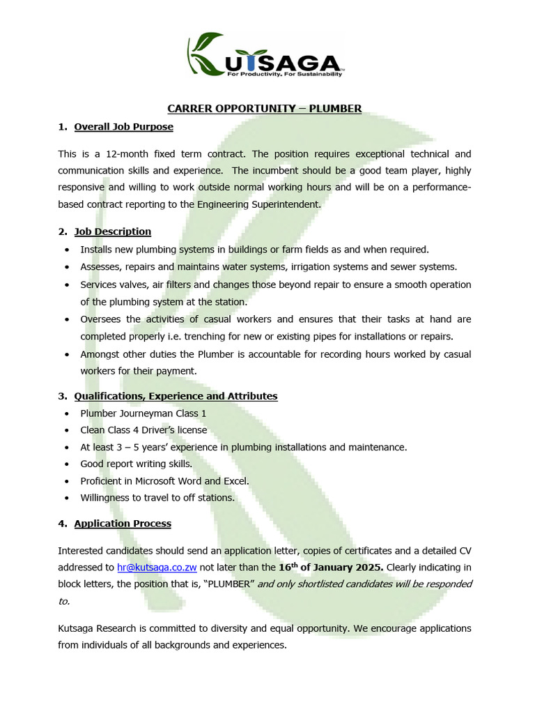 Plumber Job Opportunity at Kutsaga | PDF
