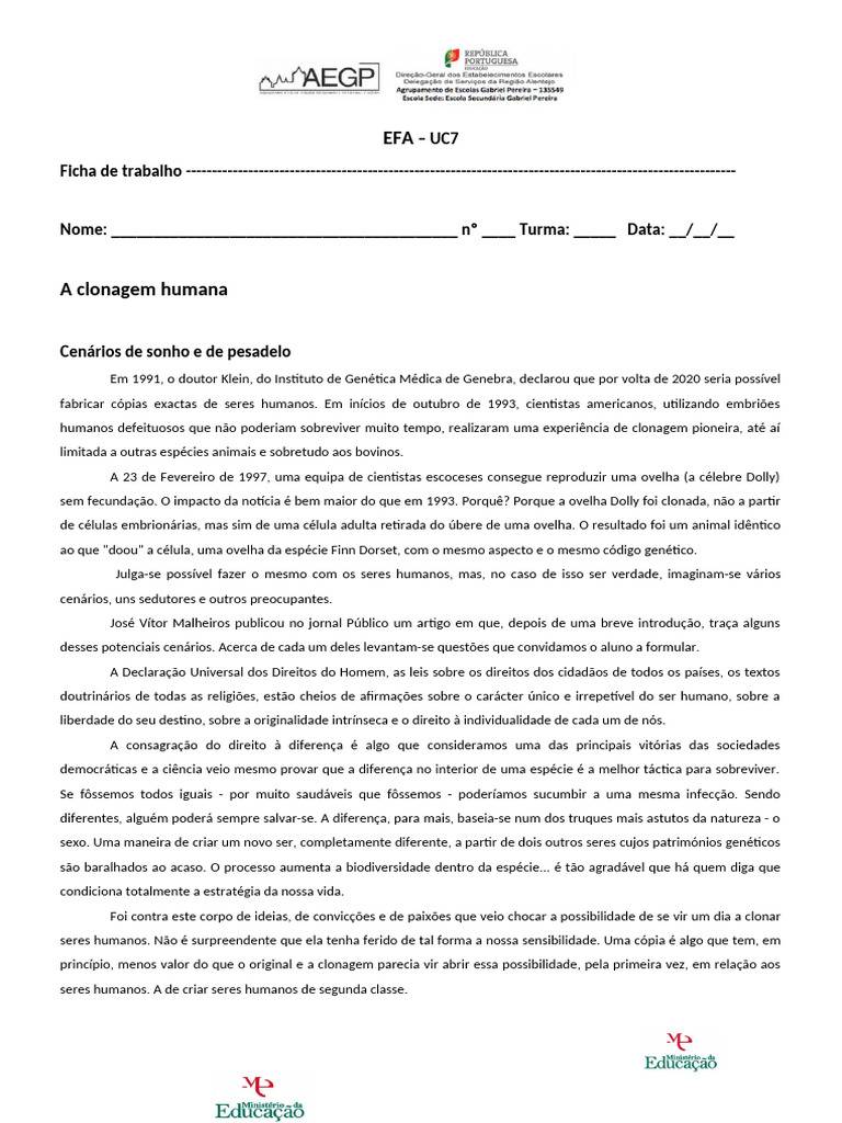 Ficha de Trabalho #3 - CLC (UC7) Clonagem | PDF | Clonagem | Humano