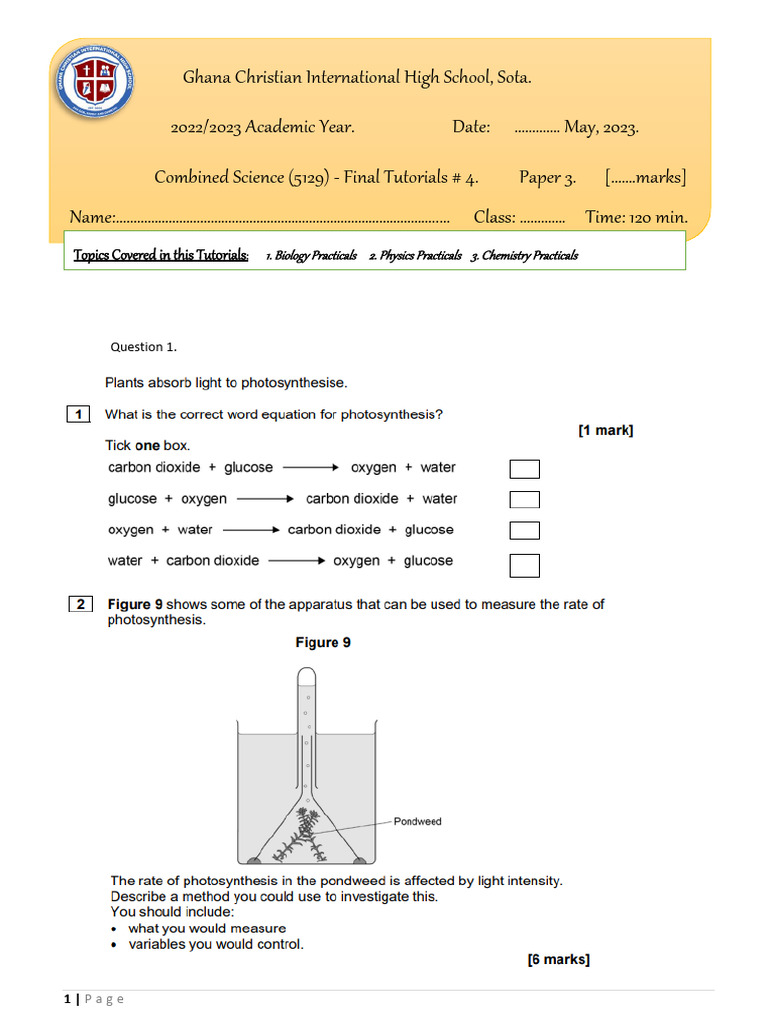 2023-Combined Science (5129) - Final Tutorials # 4 | PDF