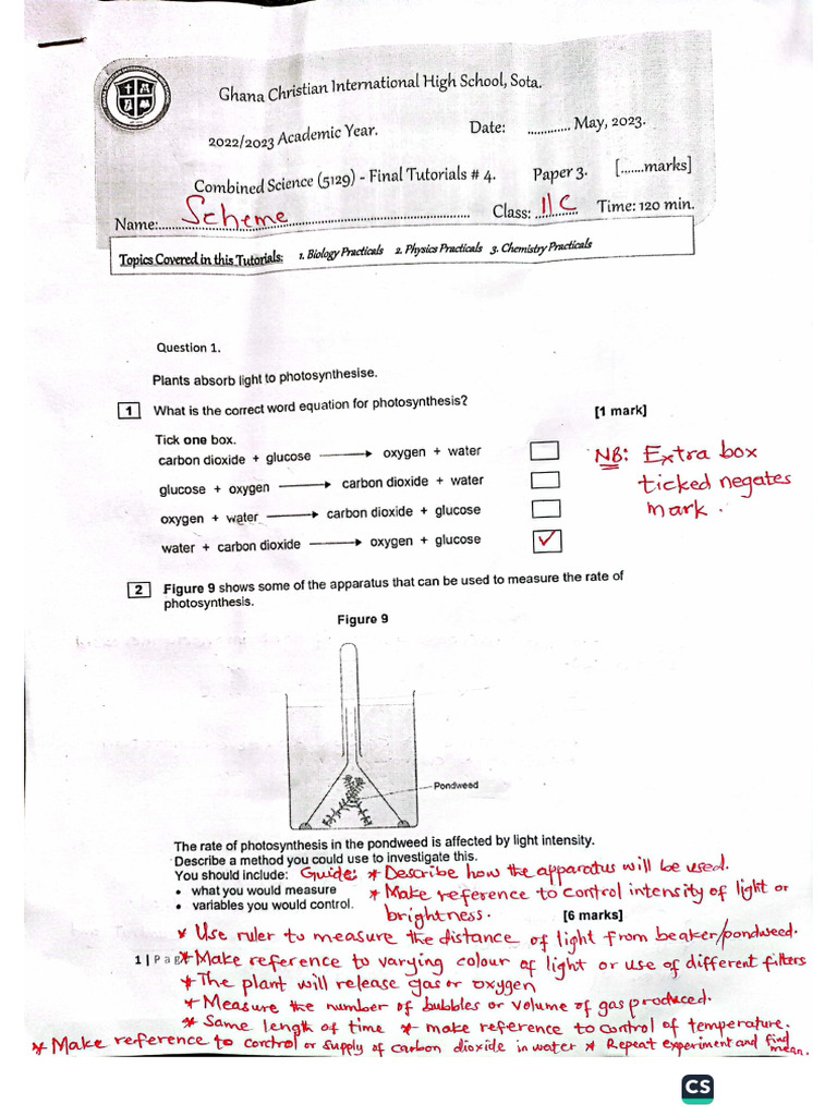 Mark Scheme - Combined Science Final Tutorials #4 (2023) | PDF