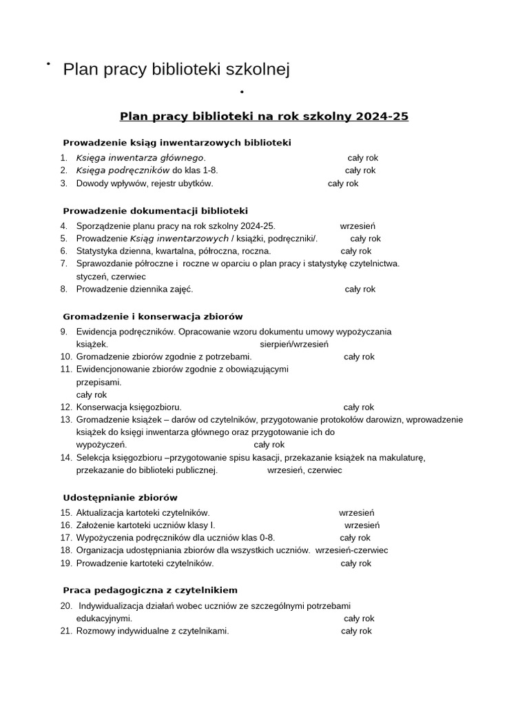 Plan Pracy Biblioteki Szkolnej | PDF