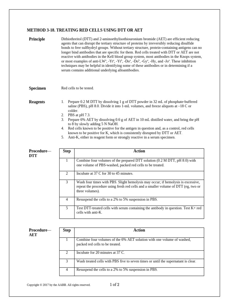 Treating Red Cells Using DTT or AET | PDF | Biochemistry | Chemistry