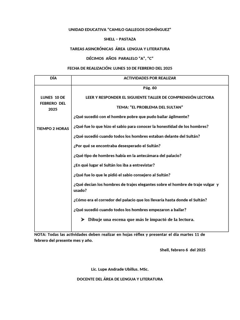 Tareas Asincrónicas Lengua Lunes 10 de Febrero Décimos A y C | PDF